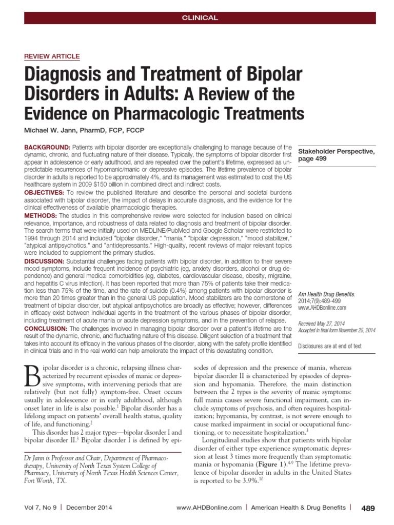 Diagnosis and Treatment of Bipolar Disorders in Adults:: A Review of ...