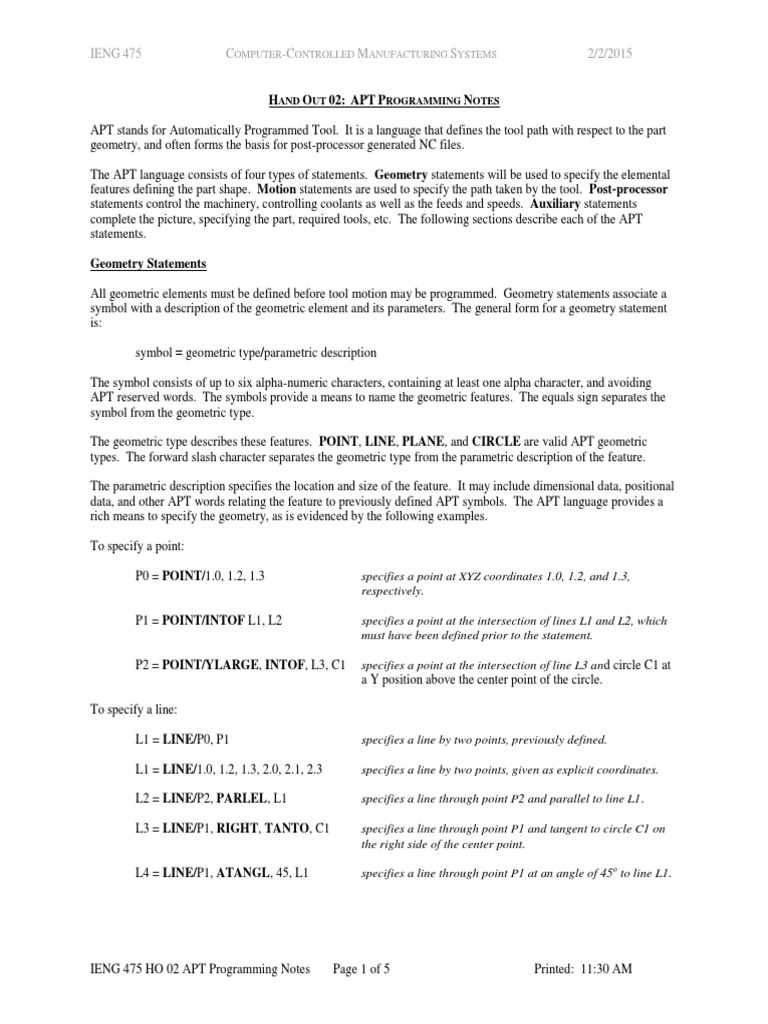 APT Programming for Engineers | PDF | Circle | Geometry
