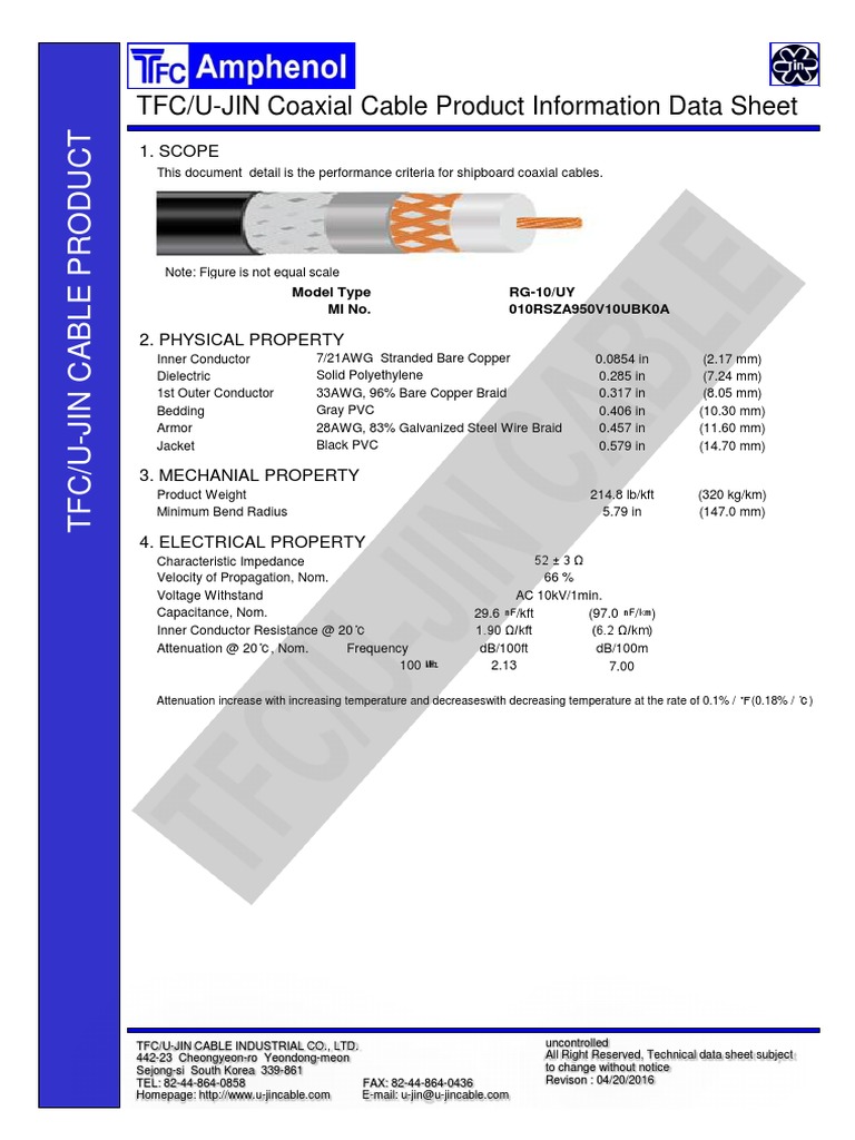 TFC/U-JIN Coaxial Cable Spec Sheet | PDF | Coaxial Cable | Electric Power