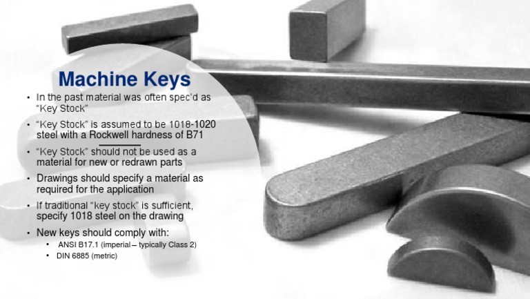 Machine Keys: - ANSI B17.1 (Imperial - Typically Class 2) - DIN 6885 ...