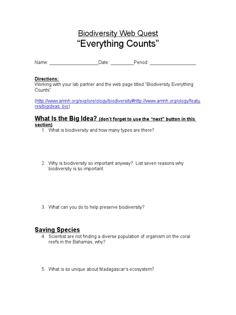 "Everything Counts": Biodiversity Web Quest | PDF | Home & Garden ...