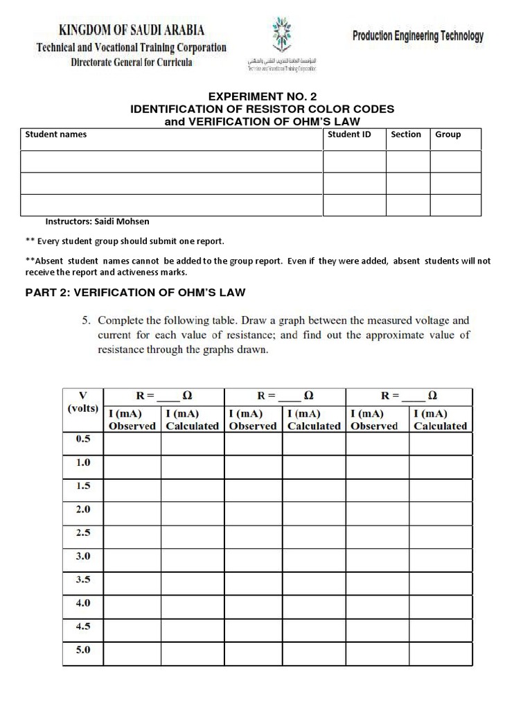 Experiment No. 2 Identification of Resistor Color Codes and ...