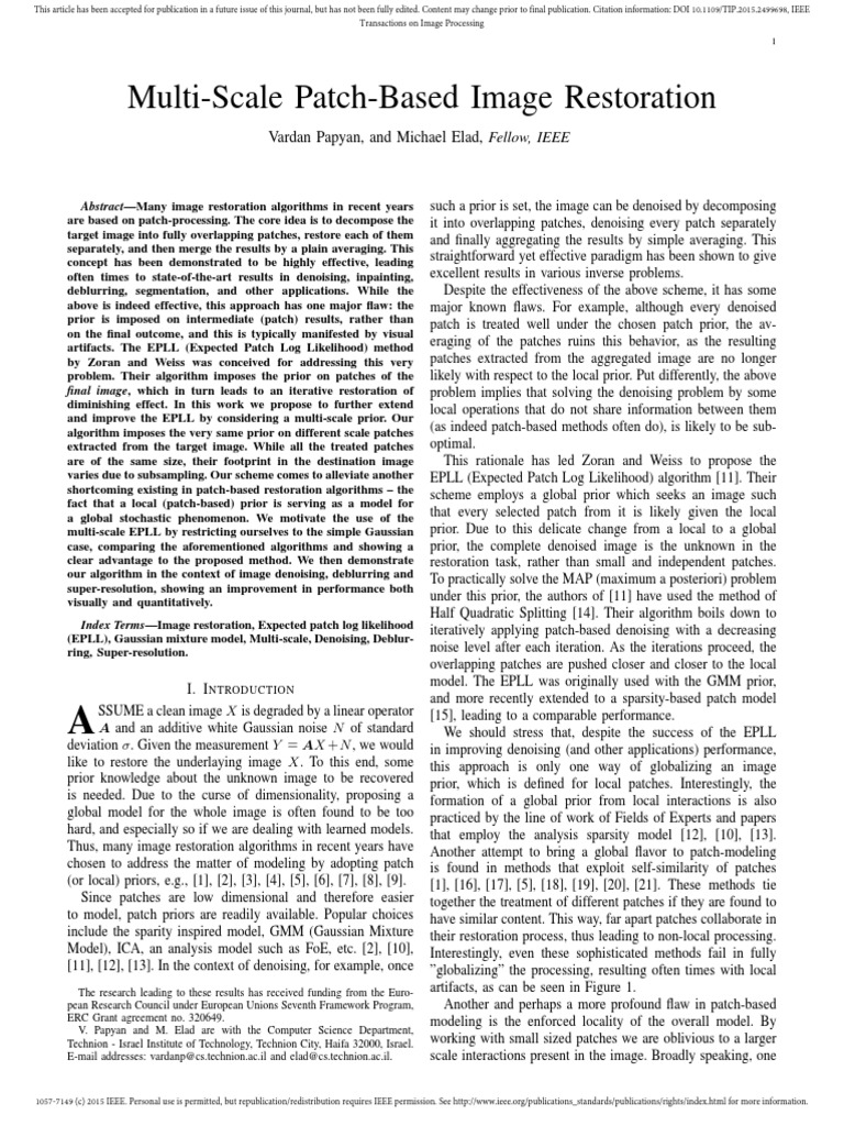 Multi-Scale Patch-Based Image Restoration | Download Free PDF | Normal Distribution | Wavelet