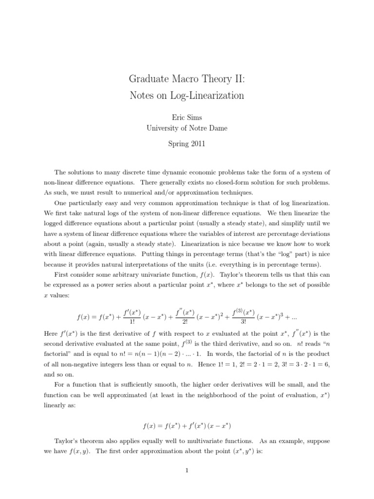 Graduate Macro Theory II: Notes On Log-Linearization: Eric Sims ...
