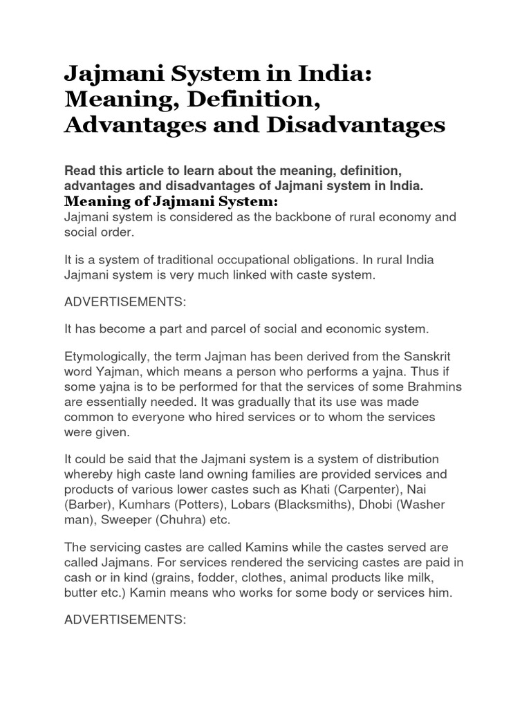 Jajmani System in India: Meaning, Definition, Advantages and ...