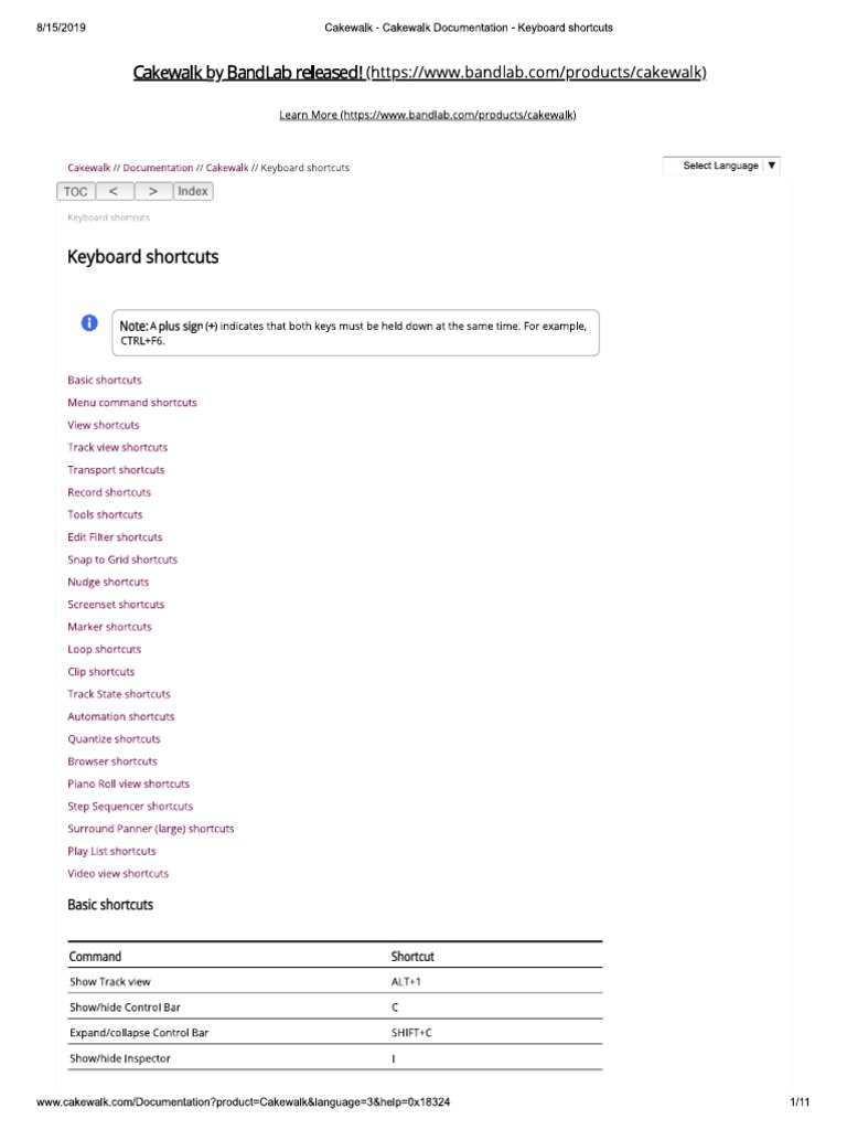 Cakewalk - Cakewalk Documentation - Keyboard Shortcuts PDF | PDF