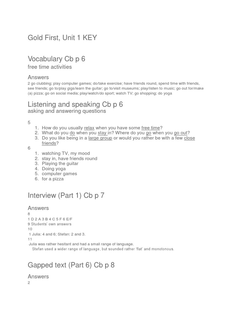 Gold B2 First, Unit 1 Key | PDF