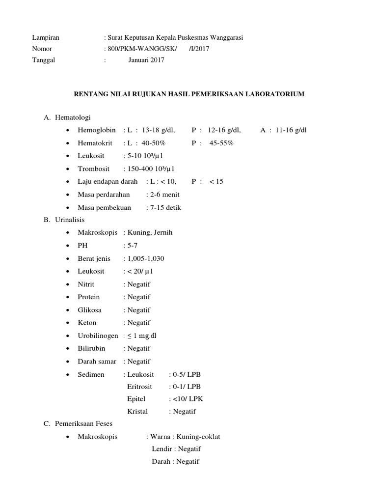 8.1.3.ep.3 FORMAT HASIL PEMERIKSAAN LABORATORIUM (DENGAN NILAI NORMAL ...