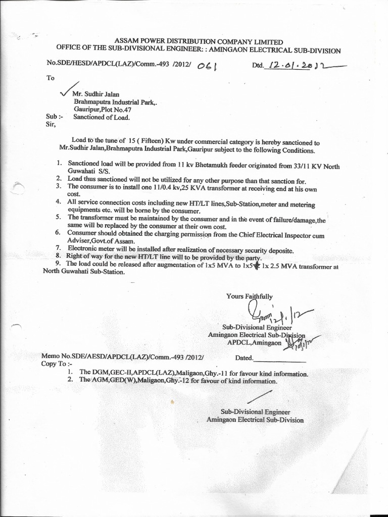 47 Apdcl Load Sanctioned Letter PDF | PDF