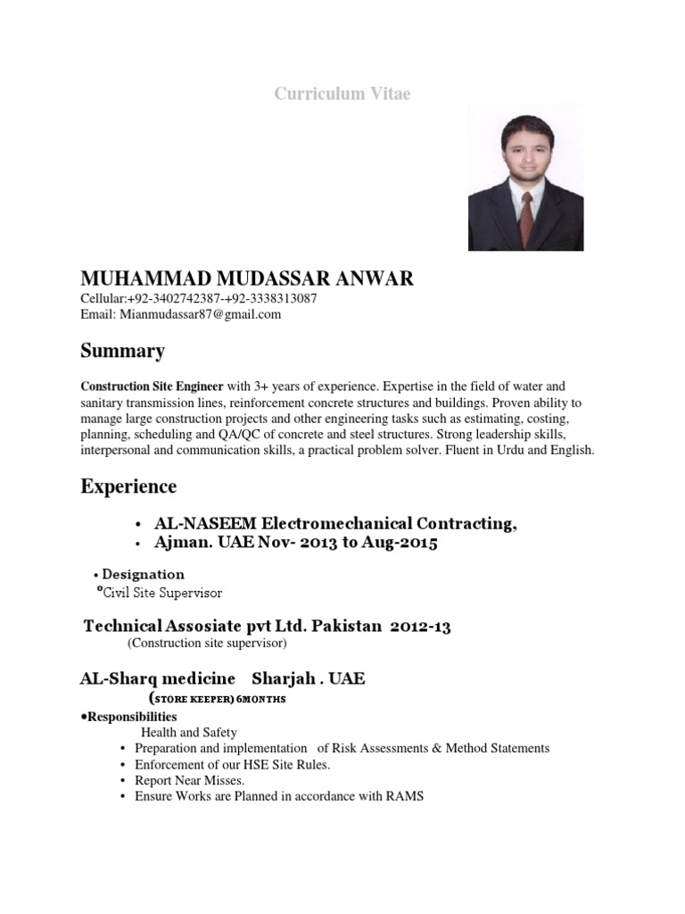Muhammad Mudassar Anwar: Curriculum Vitae | PDF | Specification (Technical Standard) | Engineering