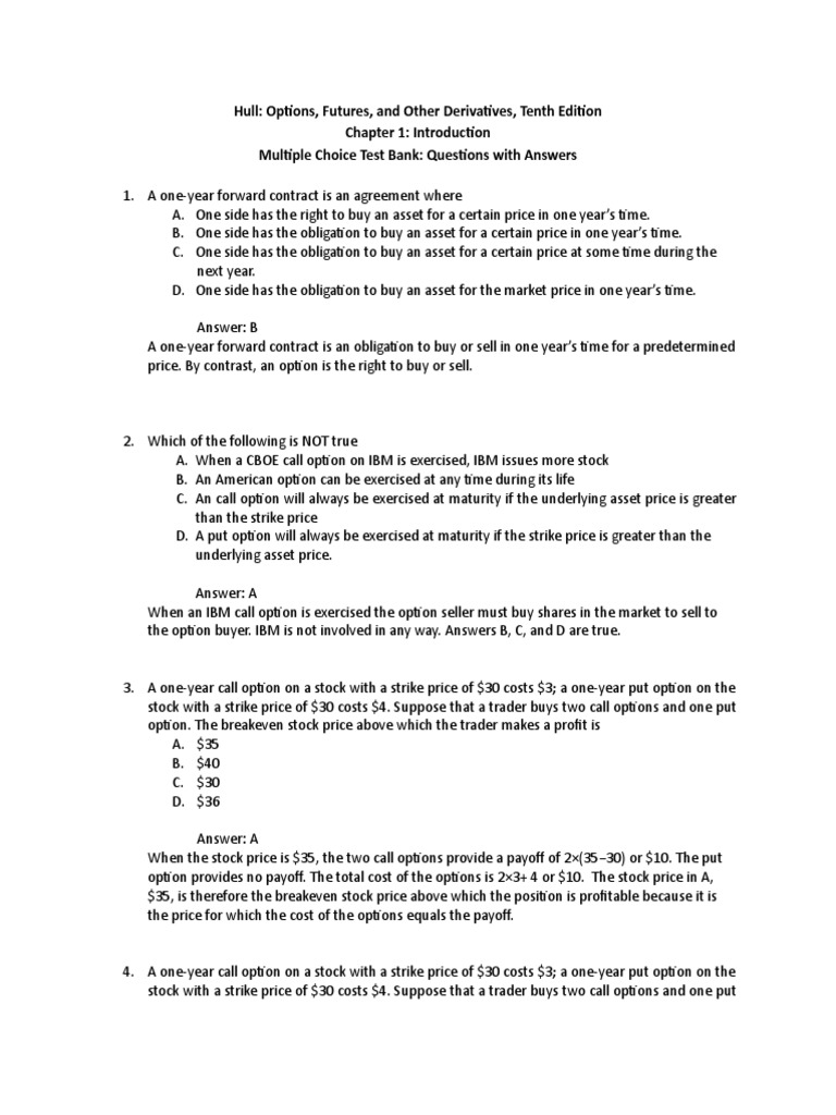 Hull OFOD10e MultipleChoice Questions and Answers Ch01 | PDF | Put Option | Option (Finance)