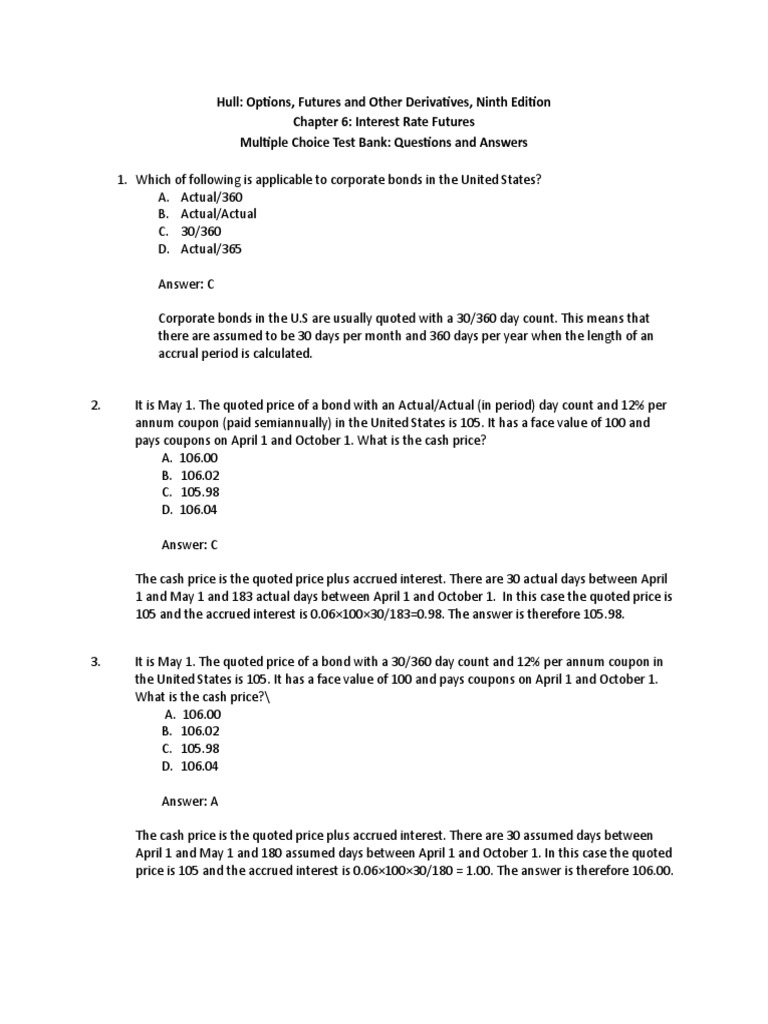 Hull OFOD10e MultipleChoice Questions and Answers Ch06 | PDF | Bond Duration | Bonds (Finance)