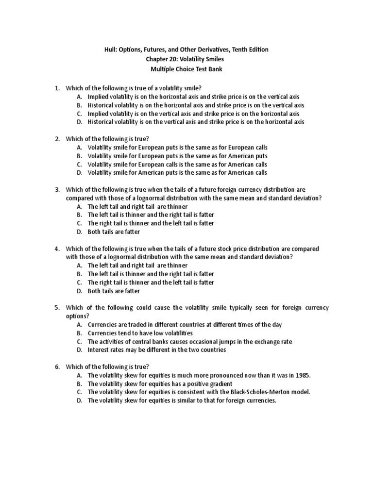Hull OFOD10e MultipleChoice Questions Only Ch20 | PDF | Moneyness | Black–Scholes Model