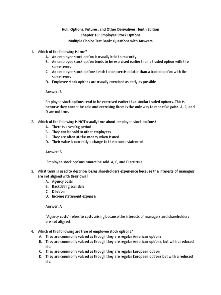 Hull OFOD10e MultipleChoice Questions and Answers Ch16 | PDF | Employee Stock Option | Option ...