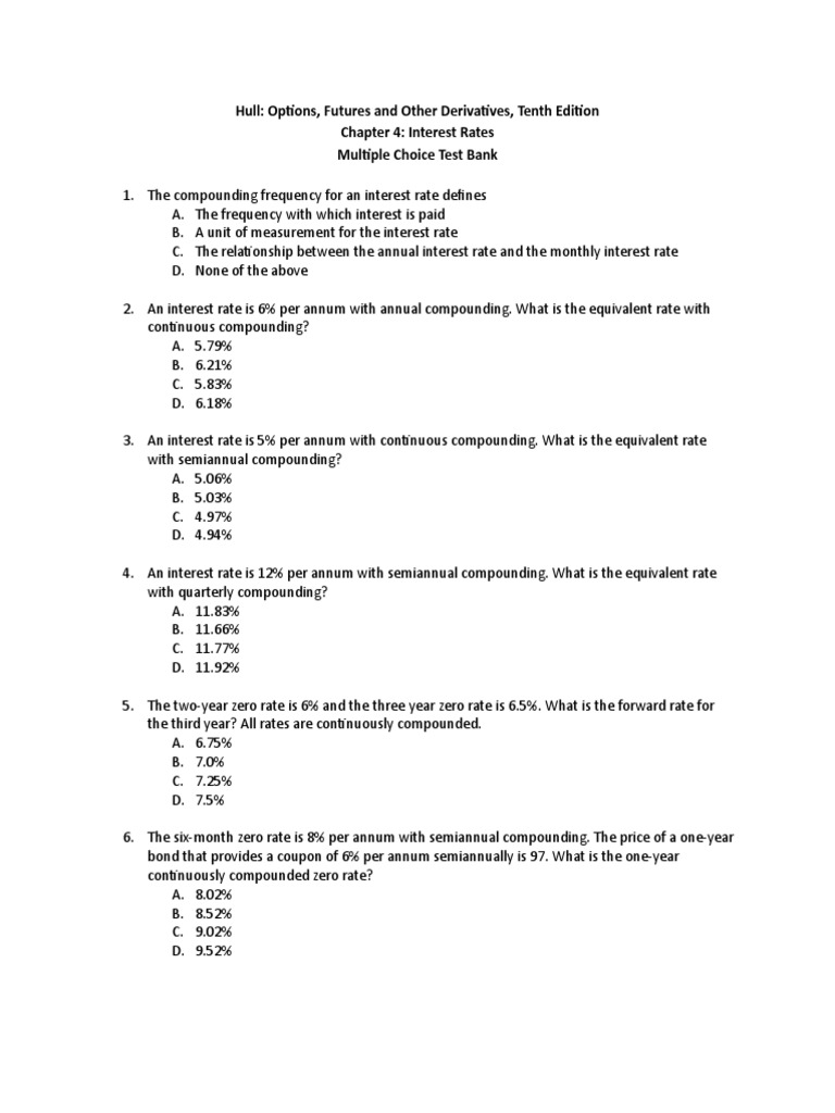 Hull OFOD10e MultipleChoice Questions Only Ch04 | PDF | Bonds (Finance) | Yield (Finance)