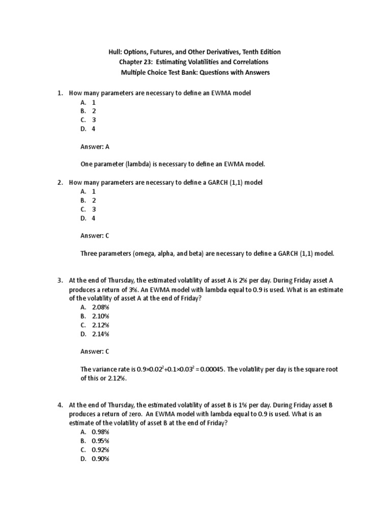 Hull OFOD10e MultipleChoice Questions and Answers Ch23 | PDF | Variance | Correlation And Dependence