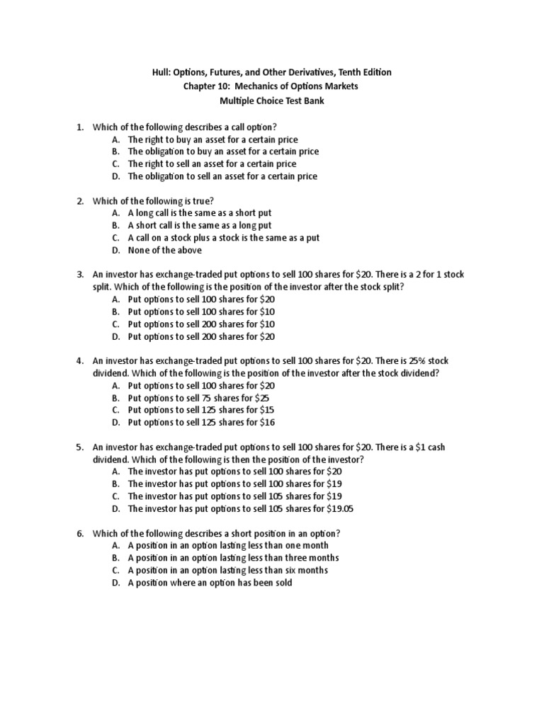 Hull OFOD10e MultipleChoice Questions Only Ch10 | PDF | Option (Finance) | Put Option