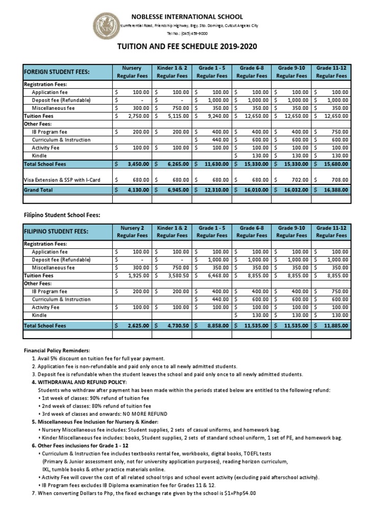 Tuition Fee Schedule 2019 2020 | PDF | Fee | Behavior Modification
