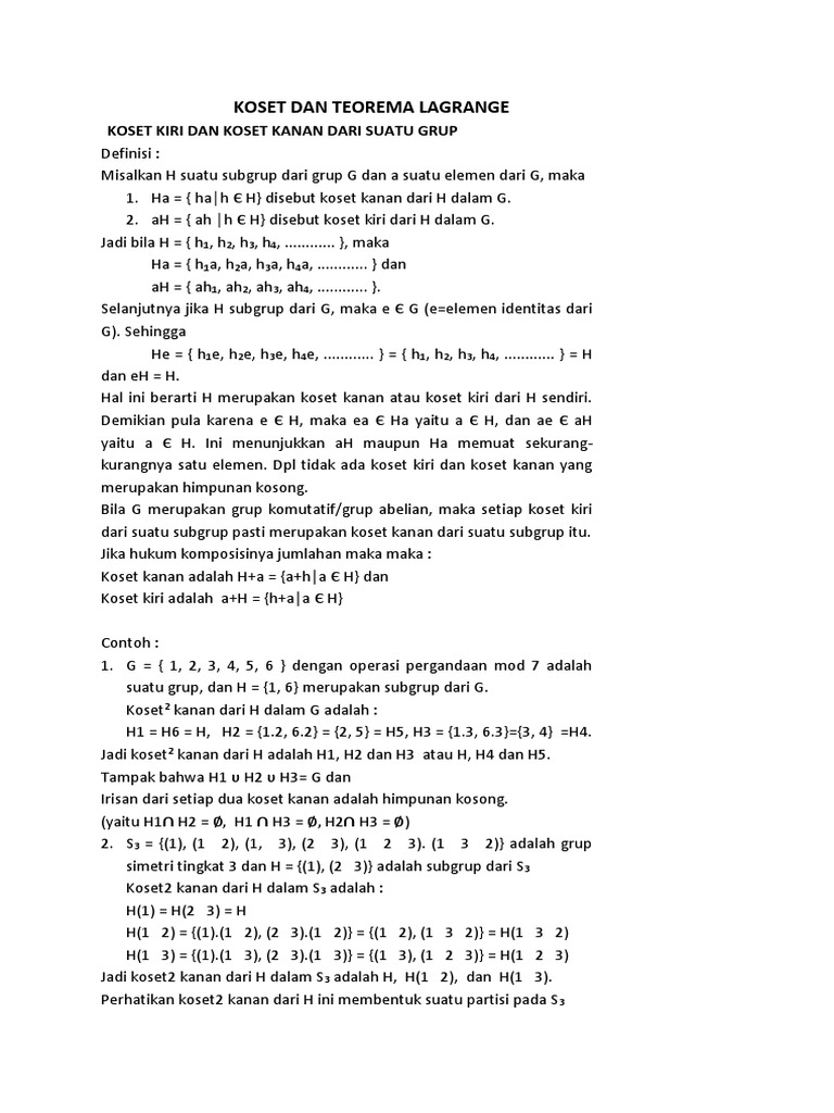 Koset Dan Teorema Lagrange | PDF