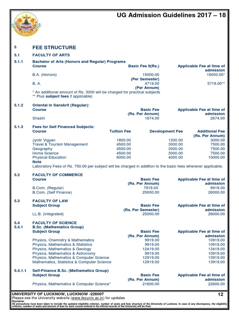 Fees Structure For UG Courses | PDF | Bachelor's Degree | Bachelor Of Arts
