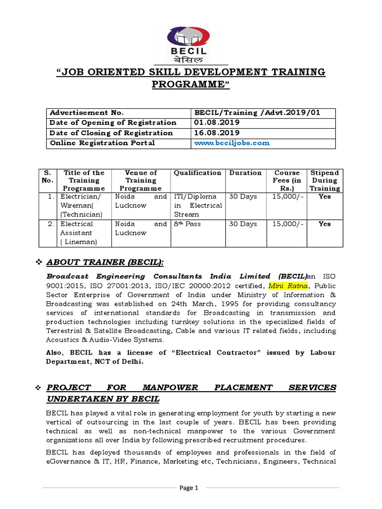 "Job Oriented Skill Development Training Programme | PDF | Electrical ...