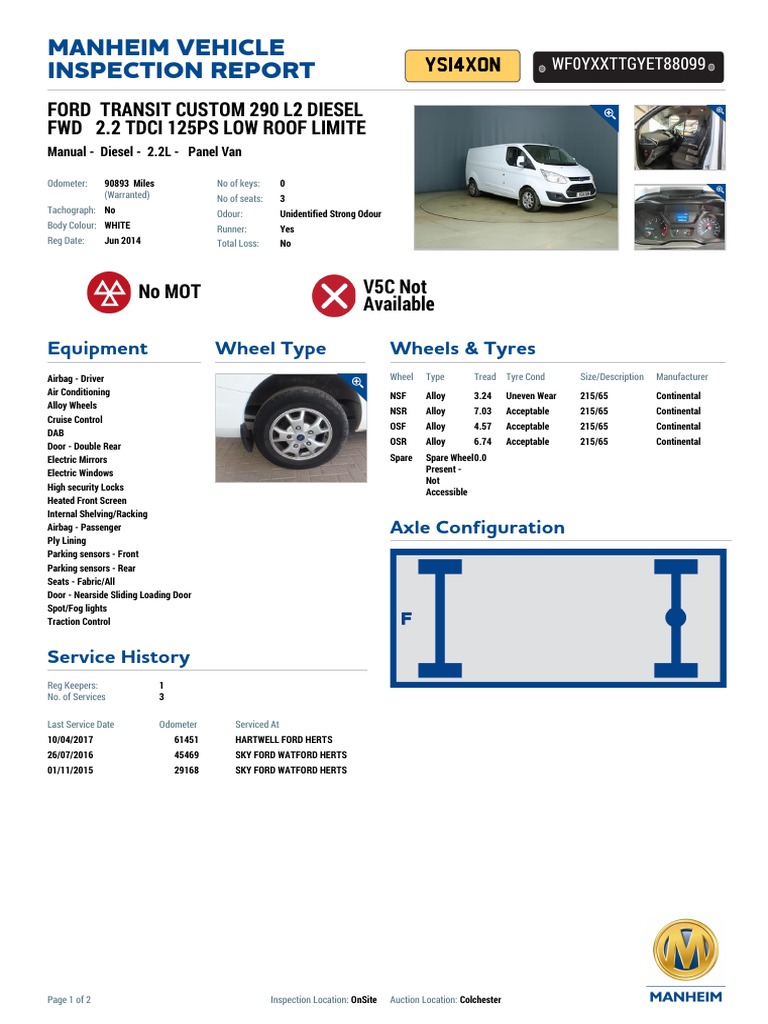 Manheim Vehicle Inspection Report: Ford Transit Custom 290 L2 Diesel ...