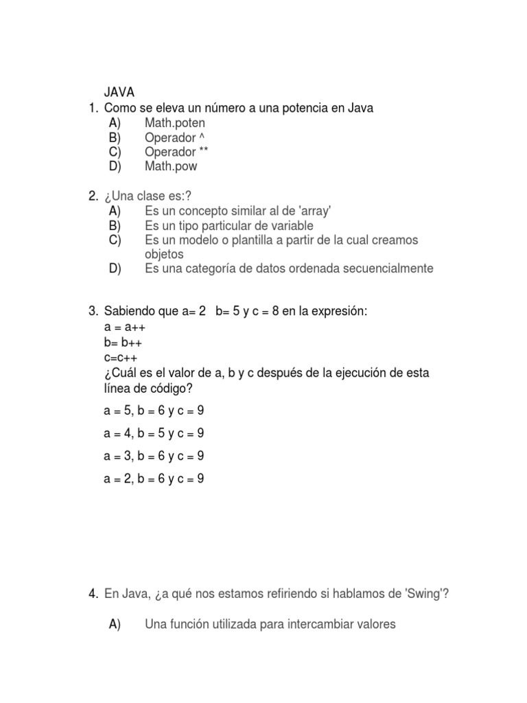 Examen Java | PDF | Java (lenguaje de programación) | Desarrollo de software