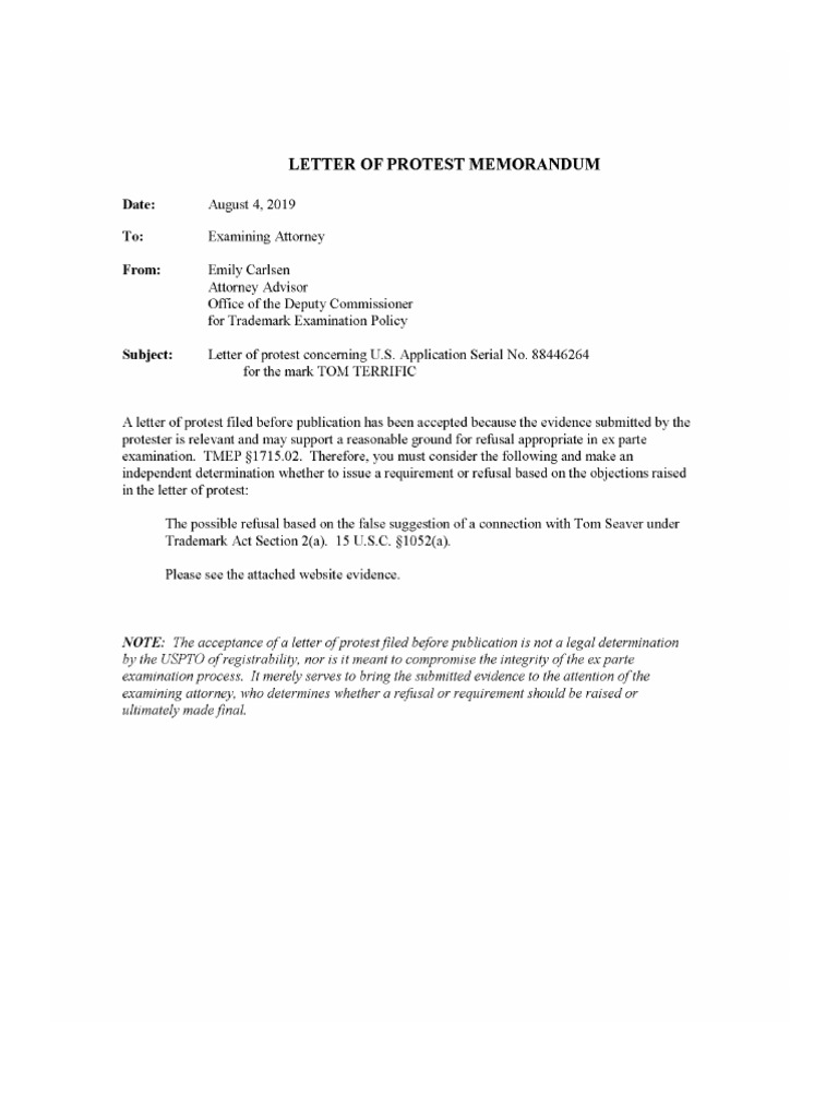 Letter of Protest Re "Tom Terrific" USPTO Application | PDF