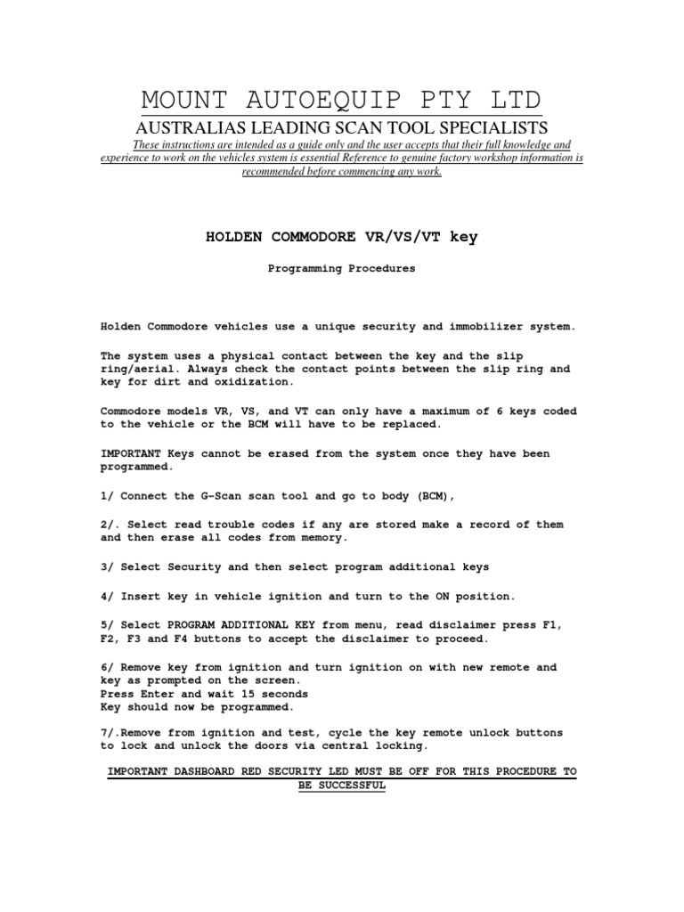 Holden Commodore Vr Vs Vt Key Programming Procedures G Scan Pdf