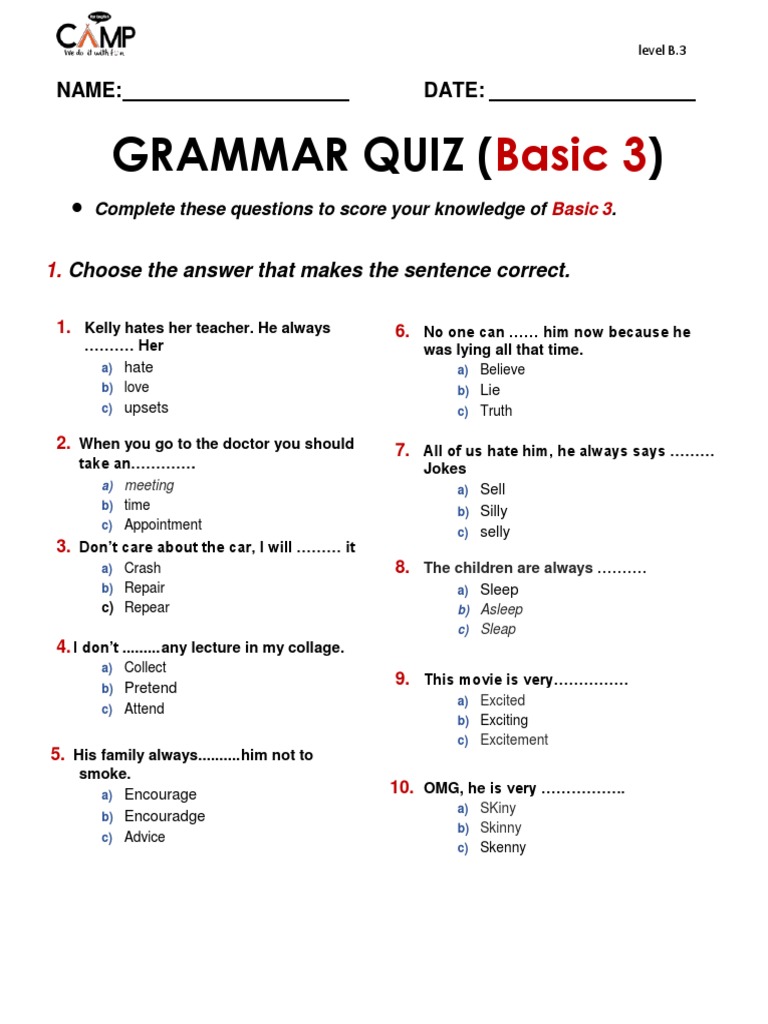 Grammar Quiz : Basic 3 | PDF
