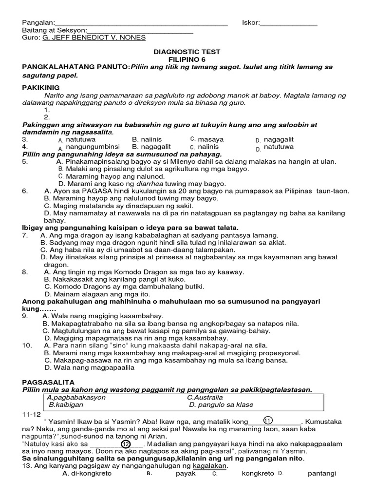 Diagnostic Test Filipino 6 Printing | PDF
