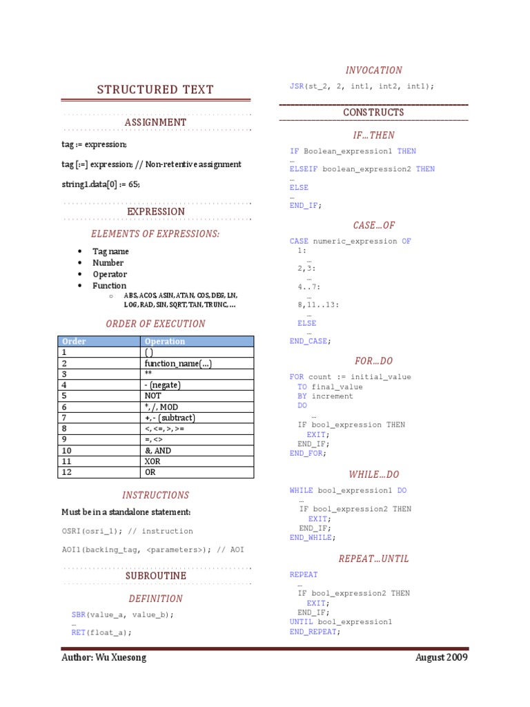 Structured Text Cheatsheet | PDF | Computer Programming | Areas Of Computer Science