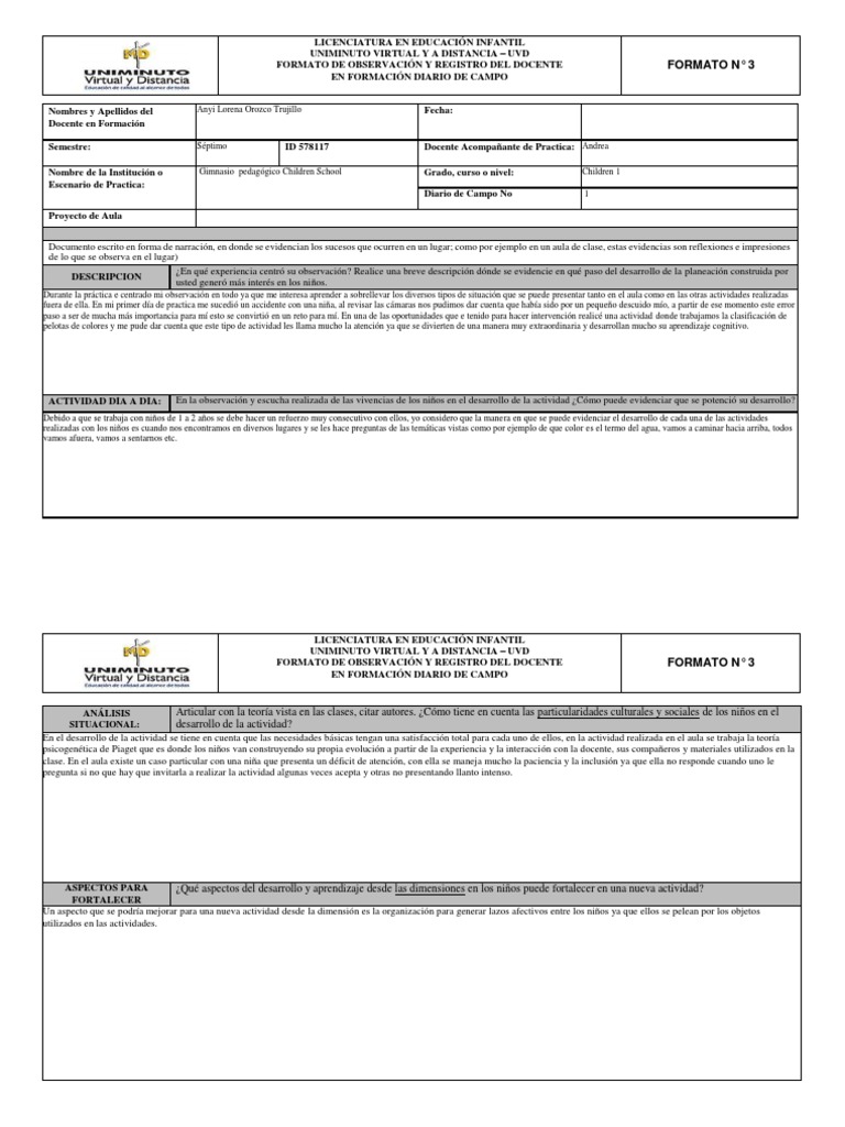 F3. Diario Campo | PDF | Educación de la primera infancia | Salón de clases