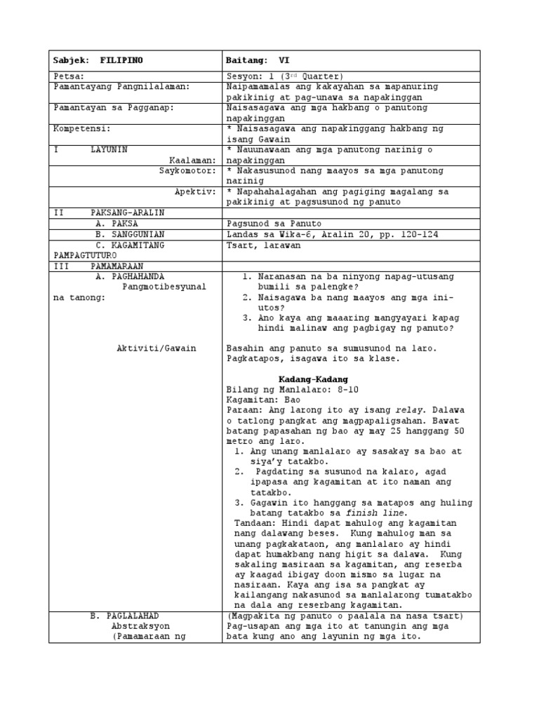 Grade 6 3rd Quarter Final - Filipino Iplan (Lesson Plan) Wendell | PDF