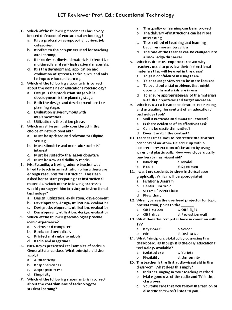 LET Reviewer Prof | PDF | Educational Technology | Teachers