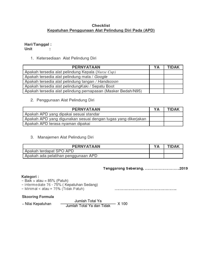 Checklist Kepatuhan APD | PDF