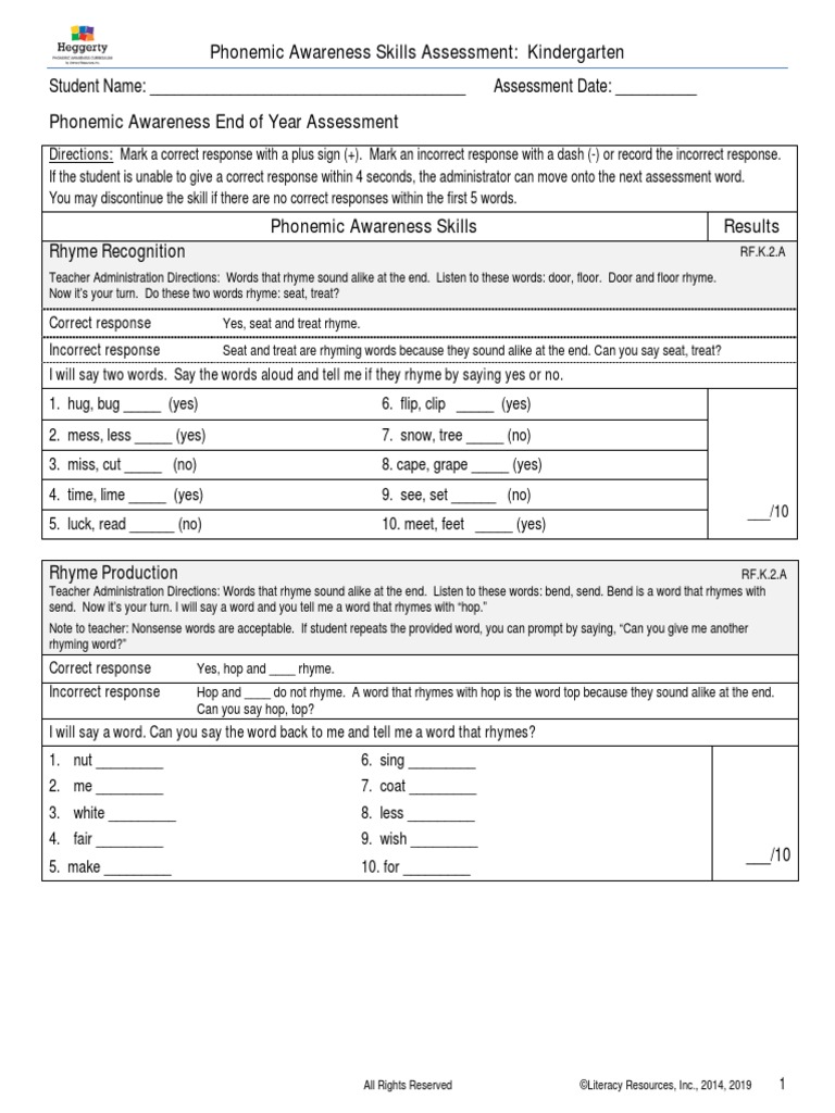Kindergarten End-Of-year Phonemic Awareness Assessment | PDF | Syllable ...