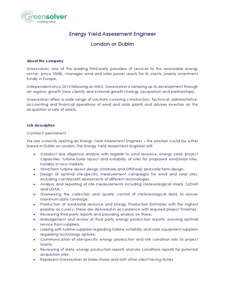 Energy Yield Assessment Engineer Role | PDF | Energy Development ...