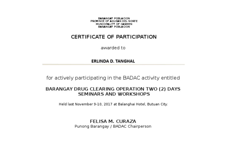 Certificate of Participation: For Actively Participating in The BADAC Activity Entitled | PDF