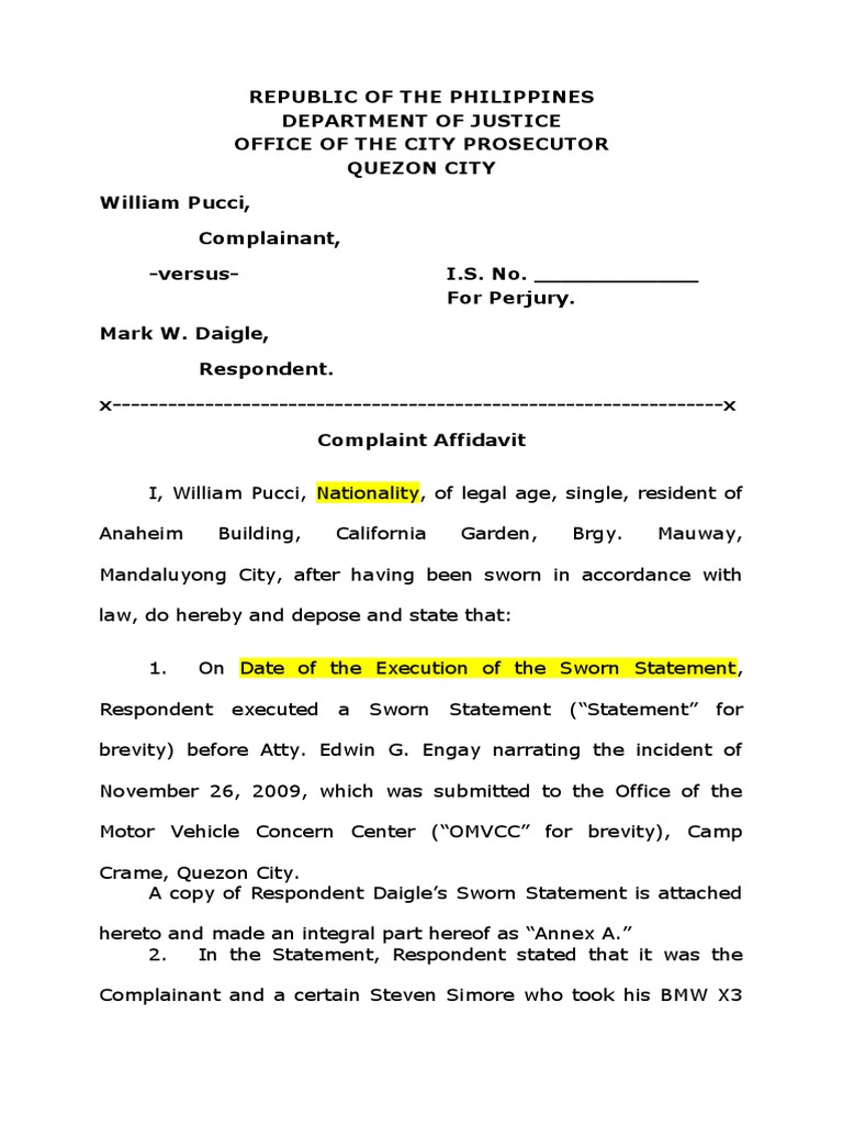 Complaint Affidavit Perjury Sample | PDF | Perjury | Jurisprudence