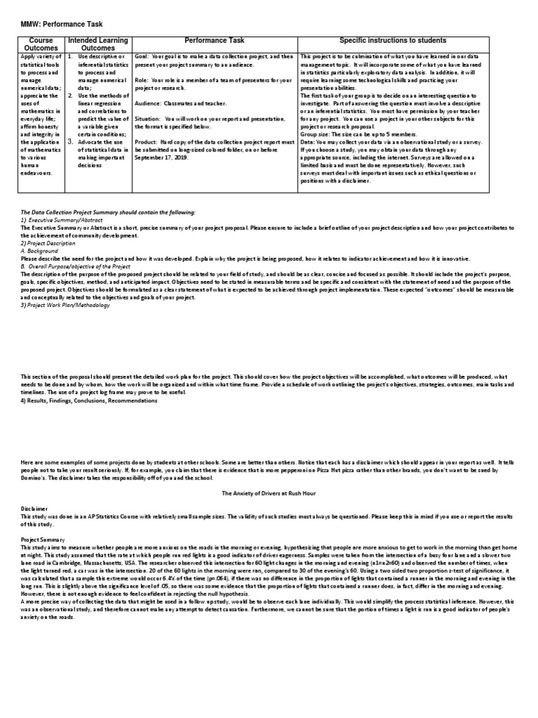 MMW: Performance Task Course Outcomes Intended Learning Outcomes ...