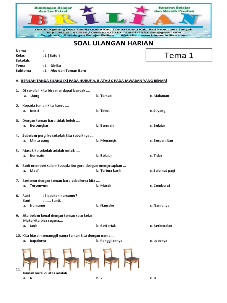 Soal K13 Kelas 1 SD Tema 1 Diriku Subtema 1 Aku Dan Teman Baru Dan Kunci Jawaban PDF | PDF