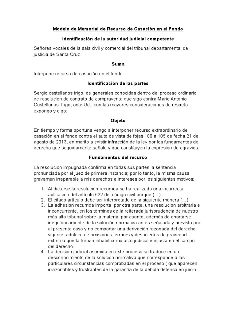 Modelo de Memorial de Recurso de Casaci - N en El Fondo | PDF | Caso de ley | Virtud