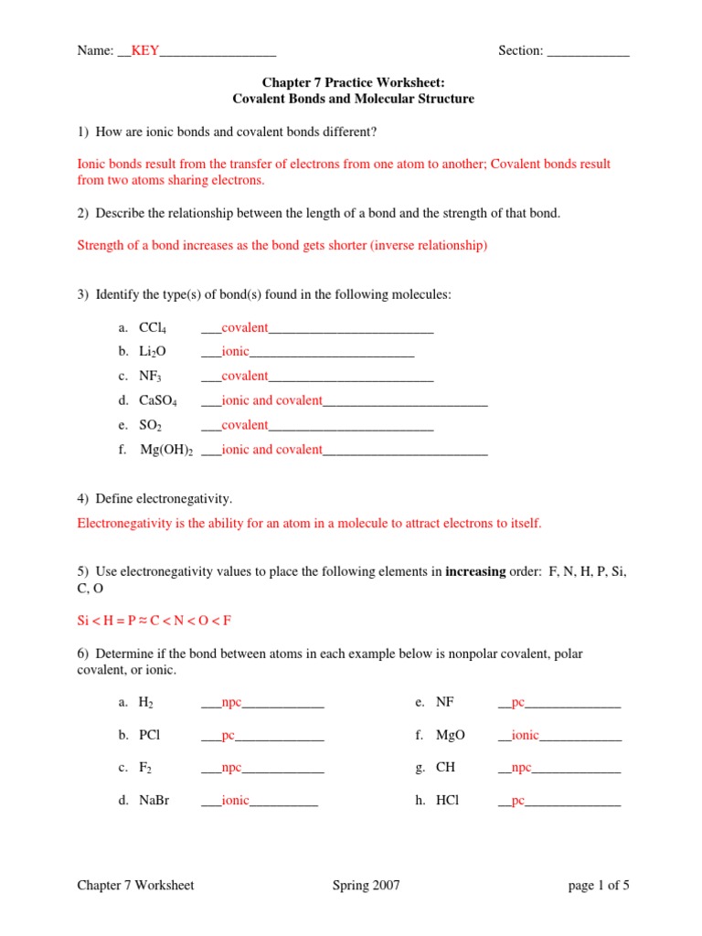Chemistry Worksheet | PDF | Covalent Bond | Chemical Polarity