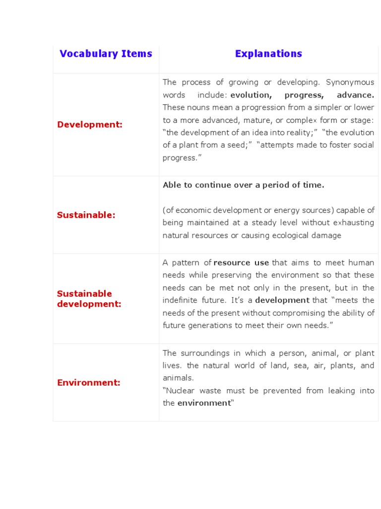 Vocabulary Sustainable Development | PDF | Ecology | Deforestation