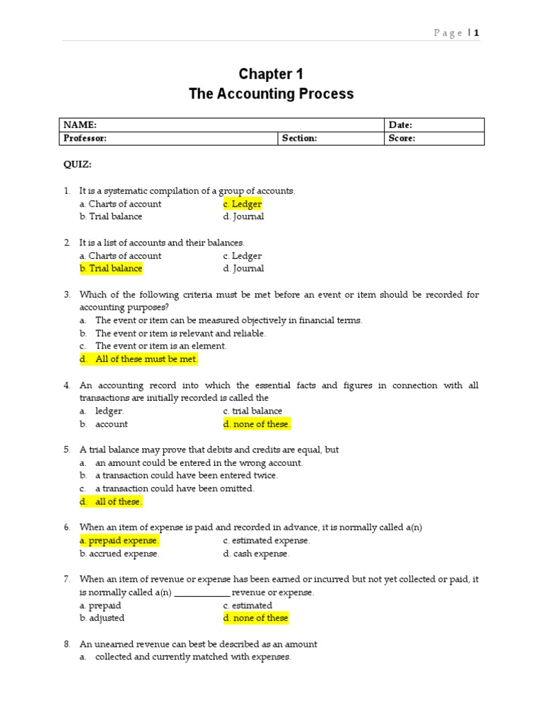 Quiz - Chapter 1 - The Accounting Process | PDF | Debits And Credits ...