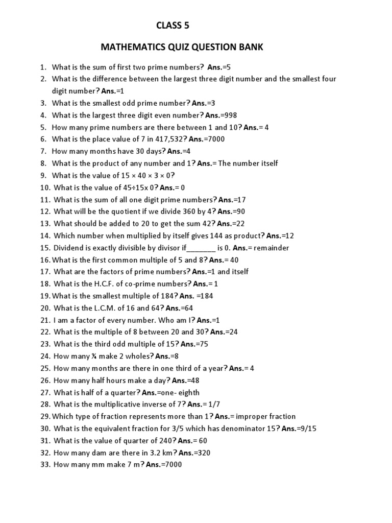 Class 5 Mathematics Quiz Question Bank | Download Free PDF | Prime ...