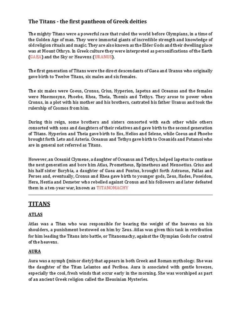 The Titans - The First Pantheon of Greek Deities: Gaea Uranus | PDF ...