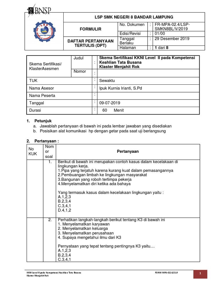 .Mpa-02.4 Daftar Pertanyaan Tertulis - Rok - Lev2 Fix | PDF