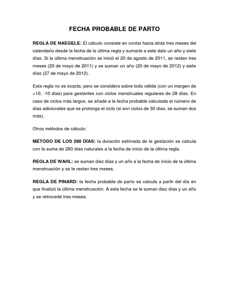 Cálculo fecha probable de parto regla Naegele | PDF | El embarazo | Parto